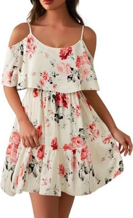 Generic Robe boh&egrave;me 2026 pour femme, imprim&eacute; floral, &eacute;paules d&eacute;nud&eacute;es, manches courtes, volants, ligne A, &eacute;l&eacute;gante, mini, blanc, XL