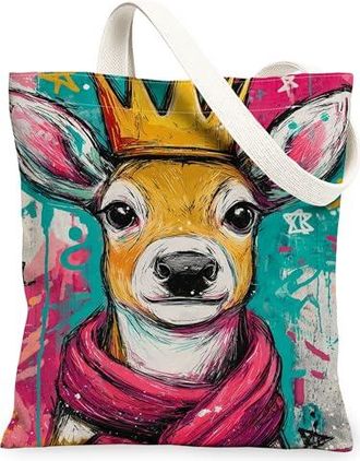 Generic Sac fourre-tout en toile de cerf artistique, motif animal color&eacute;, sac d&eacute;picerie, sac d&eacute;picerie r&eacute;utilisable, vintage, l&eacute;ger et lavable, toile pour voy