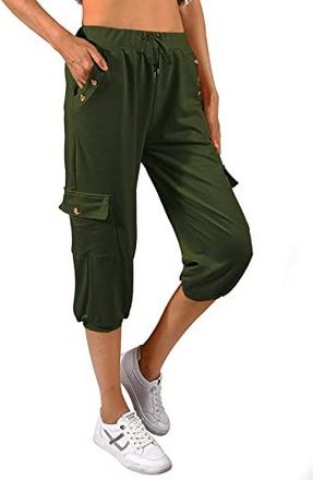 Heekpek Femme Pantalon 3/4 Chic Ete Ample Pantalon Jogging Cotton Casual Pantacourt Pantalon de Yoga Pilattes Pantalon Décontracté avec Poches, Armée Verte, T