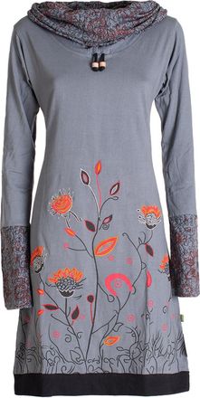 vishes Alternative Bekleidung - Damen Blumen-Kleid Langarm-Shirtkleid Schal-Kragen Baumwollkleid grau 34