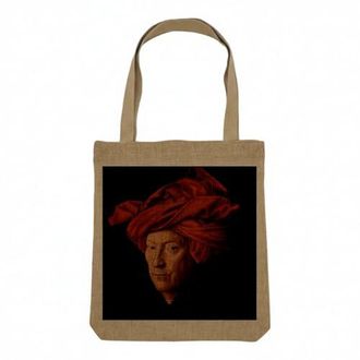 Fabulous Sac Shopping Tote Bag Aspect Lin - Peinture de Van Eyck Homme au Turban Rouge Artiste Art - Sac de Courses Toile Epaisse 360g Beige Naturel Cabas Port