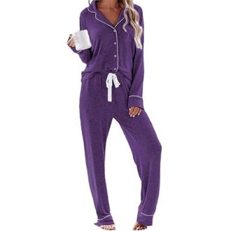 Generic Ensemble de pyjama 2 pi&egrave;ces &agrave; manches longues boutonn&eacute;es pour femme, col crant&eacute;, v&ecirc;tements de nuit, v&ecirc;tements de nuit doux, violet fonc&eacute;, XXL