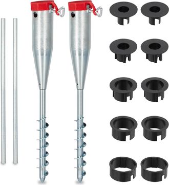 Relaxdays Bodenh&uuml;lse, 2er Set, Sonnenschirm & W&auml;schespinne, zum Eindrehen, 25-55 mm Stangendicke, Bodendorn, silber/rot