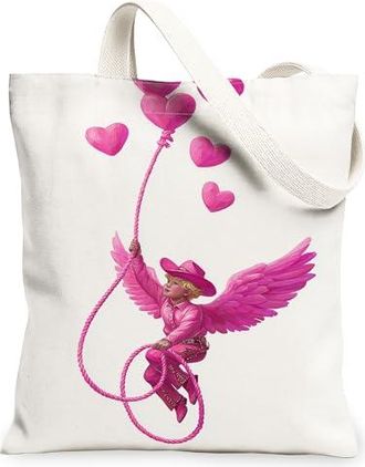 Generic Sacs fourre-tout en toile avec motif ange et ballon pour la Saint-Valentin, r&eacute;utilisables, l&eacute;gers et lavables, blanc, 13x15 Inch