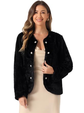 Allegra K Damen 2024 Winter Hochzeit Kunstpelz Jacke Langarm Taschen Fell Cropped Bolero Oberbekleidung Schwarz XS