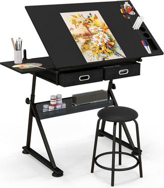 Costway Costway - Schreibtisch höhenverstellbar, Zeichentisch mit 2 Schubladen, Hocker & neigbarer Tischplatte, Schülerschreibtisch Schwarz