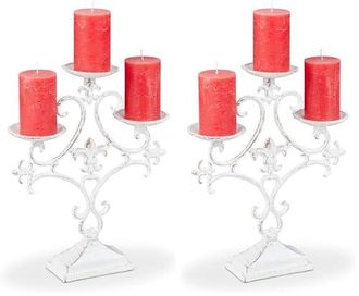 Relaxdays Kerzenständer, 3-armig, Kerzenhalter Stumpenkerzen, Shabby, Vintage, Gusseisen, HBT 28,5 x 23 x 7,5 cm, weiß (Packung mit 2)
