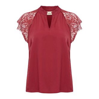 Cream Spitzenbluse mit V-Ausschnitt und Spitzen&auml;rmeln - - Blouses & Shirts - Damen - Rot - 3XL