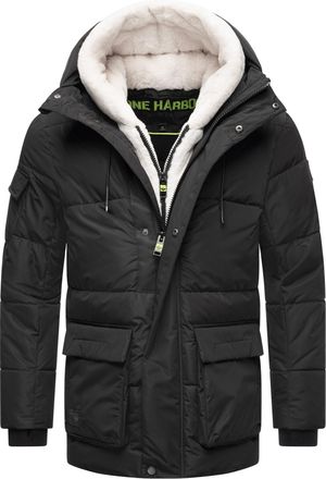 Stone Harbor Herren Winterjacke (S-3XL) - Kunstfellkragen abnehmbar, Kapuze innen mit Fleecestoff, Steppjacke, Warme Jacke M&auml;nner - B762 (S, Schwarz)