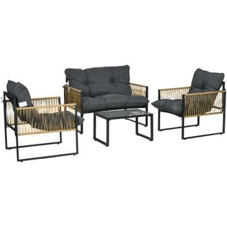 OUTSUNNY Ensemble salon de jardin 4 places 4 pi&egrave;ces 3 coussins acier r&eacute;sine gris
