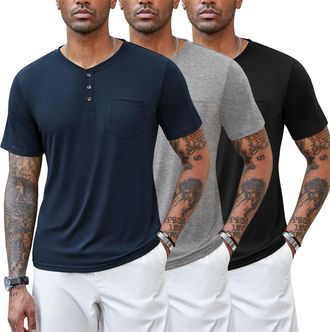 Coofandy 3er Pack Henley Shirt Herren T-Shirt Kurzarm Basic Shirts mit Brusttasche Männer Oberteile Tee Schwarz/Grau/Marineblau L