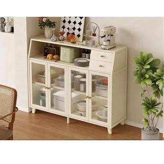 Generic Sideboard in Massivholzoptik mit halbtransparenten Glast&uuml;ren Offene Regalb&ouml;den + Schubladen Stauraum for das Esszimmer, Teeschrank und Wohnzimmer(Whit