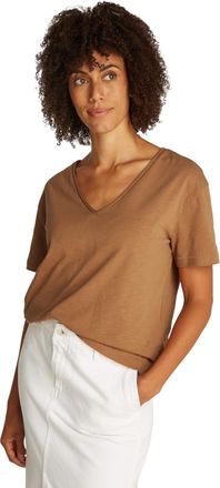 Tommy Hilfiger Damen T-Shirt Kurzarm mit V-Ausschnitt, Beige (Safari Canvas), L