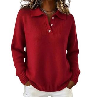 Generic Pull classique boutonn&eacute; &agrave; col en V pour femme - Col en V - Automne et hiver - Pull tricot&eacute; &agrave; manches longues, Rouge, 3XL