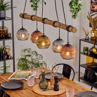 HOFSTEIN Pendelleuchte Ripoll, Hängelampe aus Metall/Holz/Riffelglas in Schwarz/Natur/Chrom/Rauch/Kupfer/Gold/Klar, Hängeleuchte Retro/Boho m. Glasschirmen u. 