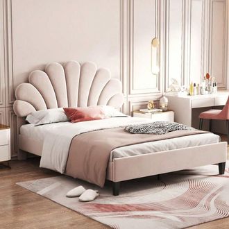 Generic Lit capitonn&eacute; Double 140x200 - Cadre Avec t&ecirc;te de lit fleurie, sommier inclus et Velours peau-Friendly beige