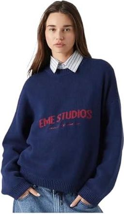 Generic Pull brod&eacute; chic pour femme - Lettres amusantes - Pull tricot&eacute; Y2k - Hauts d&eacute;contract&eacute;s et basiques &agrave; manches longues, 002-Bleu fonc&eacute;, L