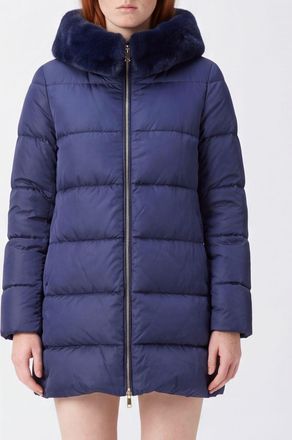 Herno Knielanger, wasserabweisender Daunenmantel aus technischem Satin mit Shearling-Kapuze