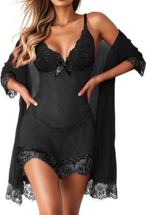 Generic Ensemble de lingerie sexy 3 pi&egrave;ces pour femme - Nuisette et dentelle - Kimono &agrave; bretelles - Chemise de nuit en maille - Robe d&eacute;t&eacute; boh&egrave;me - Robe ample 