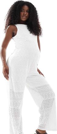 Mama Licious Mamalicious Umstandsmode - Jumpsuit aus Jersey in Weiß mit weitem Bein und V-Ausschnitt