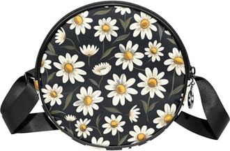 Generic Petit sac &agrave; bandouli&egrave;re rond pour femme, motif marguerites avec fermeture &eacute;clair, bretelles r&eacute;glables, sac &agrave; main rond d&eacute;contract&eacute; pour femmes et fill
