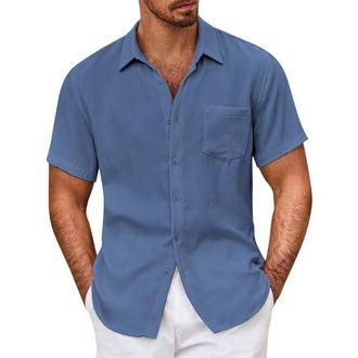 Generic Chemise en coton et lin pour homme - Chemise &agrave; manches courtes de couleur unie - Chemise d&eacute;t&eacute; d&eacute;contract&eacute;e pour homme - Coupe ample - Chemise boutonn&eacute;