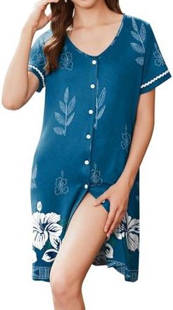 Ekouaer Chemise de Nuit Femme Manches Courtes Chemise de Nuit Col V Oversize Imprimé Chemise de Nuit T-Shirt Chemise de Nuit Femme Vêtements de Nuit Robe de N