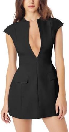 Generic Mini robe d&eacute;t&eacute; sexy pour femme avec col en V profond et manches courtes, style boh&egrave;me, id&eacute;ale pour la plage, les vacances, les vacances, Noir, XL