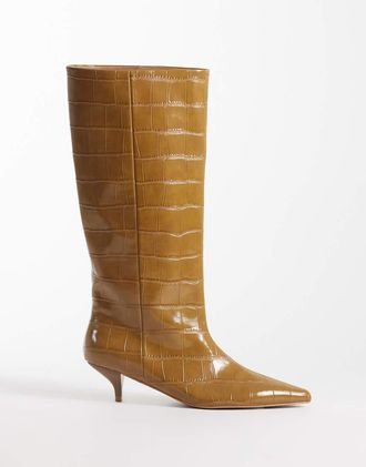 Asos Camille bottes montantes &agrave; petit talon &agrave; enfiler effet croco camel-Marron