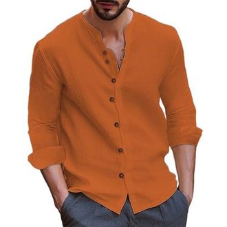 Generic Chemise en coton et lin pour homme - Chemisier dentra&icirc;nement d&eacute;contract&eacute; pour le printemps et lautomne - Col de chemise en coton &agrave; manches longues - C