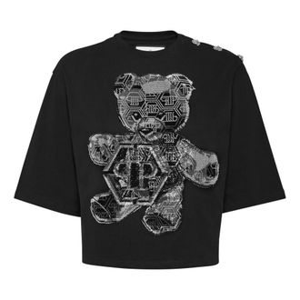 Philipp Plein Femme, Tops, Noir, Taille: 40 FR T-shirt Court Strass Ours en Peluche