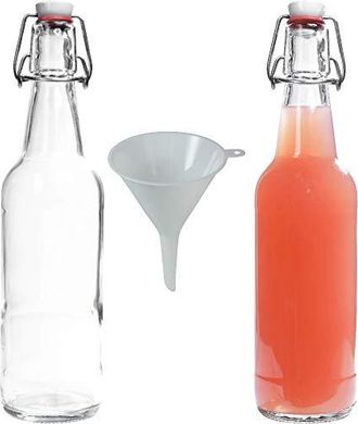 Viva Haushaltswaren mikken - 2 x Glasflasche 500 ml mit B&uuml;gelverschluss aus Porzellan zum Bef&uuml;llen, als Milch-, Saft- und Lik&ouml;rflasche verwendbar (inkl. Trichter &Oslash; 9,5 cm