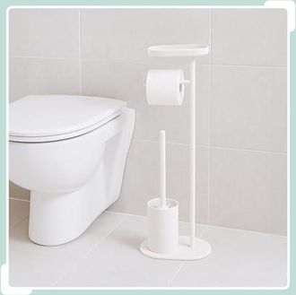 Relaxdays WC Garnitur, HBT: 67 x 23 x 17 cm, stehender Klopapierhalter, Klobürste, Ablage, 2 Ersatzbürstenköpfe, weiß