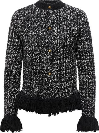 Moncler Moncler Pull En Laine M&eacute;lang&eacute;e &Agrave; Bordure &Agrave; Franges, Femme, Noir, Taille: Xl