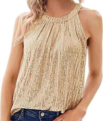 Generic Débardeur pour femme avec bretelles à paillettes - Col rond - Coupe ample - Sans manches, doré, L