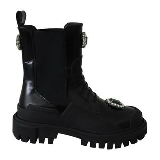 Dolce & Gabbana Leather Crystal Combat Boots - - Shoes - Damen - Schwarzk - 35 EU