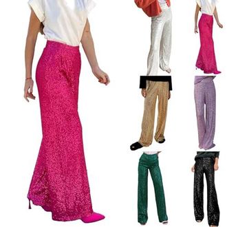 Generic Pantalon &agrave; paillettes pour femme - Long - Paillettes - Jambes larges - Baggy - Taille haute - Pantalon &agrave; paillettes - Vintage - Avec ceinture &eacute;lastiqu