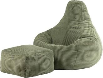 Icon Brand Dalton Sitzsack mit Hocker Cord, Salbeigr&uuml;n, Gaming Sitzsack Erwachsene mit F&uuml;llung, Bean Bag, Cord Sessel, Lounge Sessel, Lounge Stuhl, Schlafzimmer,