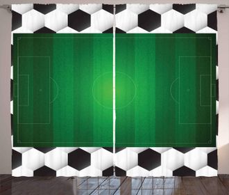 Abakuhaus Fußball Rustikaler Gardine, Fußballfeld Ziel, Schlafzimmer Kräuselband Vorhang mit Schlaufen und Haken, 280 x 175 cm, Weiß Schwarz Grün