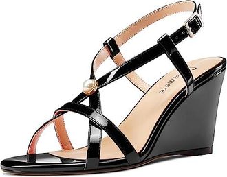 Castamere Femmes Haut High Compensé Talon Heel Ouvert Bout Slingback Lanières Croisées Slip-on Perles Sandales Danse Été 10 CM Heels Noir 43 EU