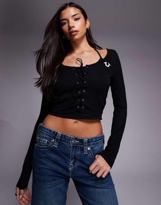 True Religion Lang&auml;rmliges, geripptes Neckholder-Oberteil mit Schn&uuml;rung in Schwarz