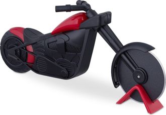 Relaxdays Pizzaschneider Motorrad, mit Ständer, Edelstahl, Kunststoff, HBT: 9 x 21,5 x 4,5 cm, Pizzaroller, schwarz/rot