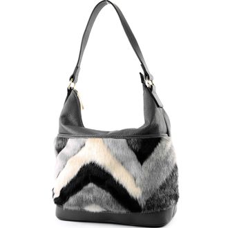 modamoda.de T133 Damen Leder Schultertasche Henkeltasche aus Leder mit Kunstfell handmade in Italy, Farbe:Dunkelgrau
