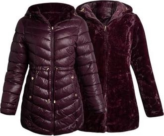Jessica Simpson Doudoune pour femme - Manteau long dhiver doubl&eacute; en fausse fourrure - Veste dhiver &agrave; capuche r&eacute;versible isol&eacute;e pour femme, Merlot, Medium