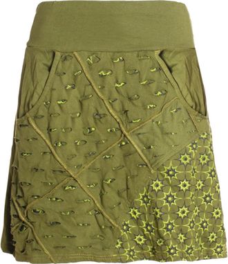 vishes Alternative Bekleidung - Damen A-Line Rock Baumwolle Blumen-Muster elastischer Bund mit Taschen Olive 40
