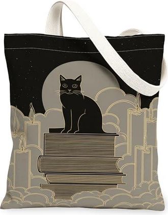 Generic Sac fourre-tout en toile motif chat, design artistique clair de lune, sacs de courses l&eacute;gers et lavables, fourre-tout vintage chic r&eacute;utilisable pour t