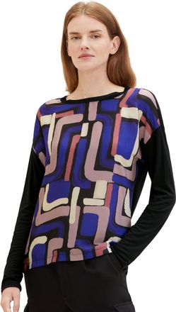 Tom Tailor Damen Basic Langarmshirt mit Muster, black abstract design, XXS