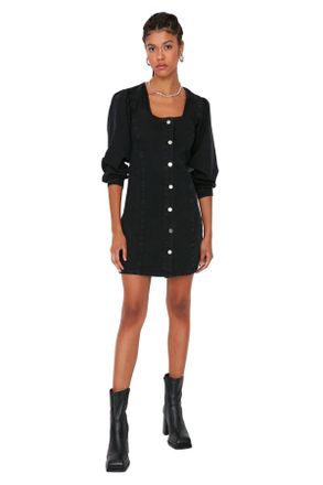 Trendyol Damen Trendyol Woman Midi A-linie Zweireihig Webstoff Kleid, Schwarz, 40 EU