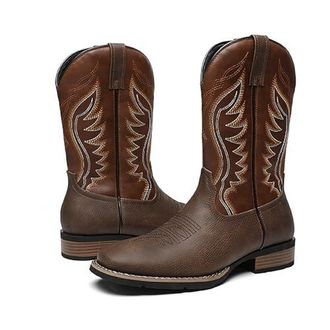 Generic Bottes Western pour Hommes Style Cowboy &agrave; Enfiler, Bout carr&eacute;, en Cuir PU brod&eacute;, mi-Mollet, pour Ferme, Ranch, &eacute;quitation et Style Country,Marron,42.5