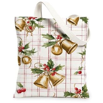 Generic Sacs fourre-tout vintage en toile, motif cloche festif et houx, sacs d&eacute;picerie r&eacute;utilisables, l&eacute;gers et lavables avec bandouli&egrave;re pour le shopping, le